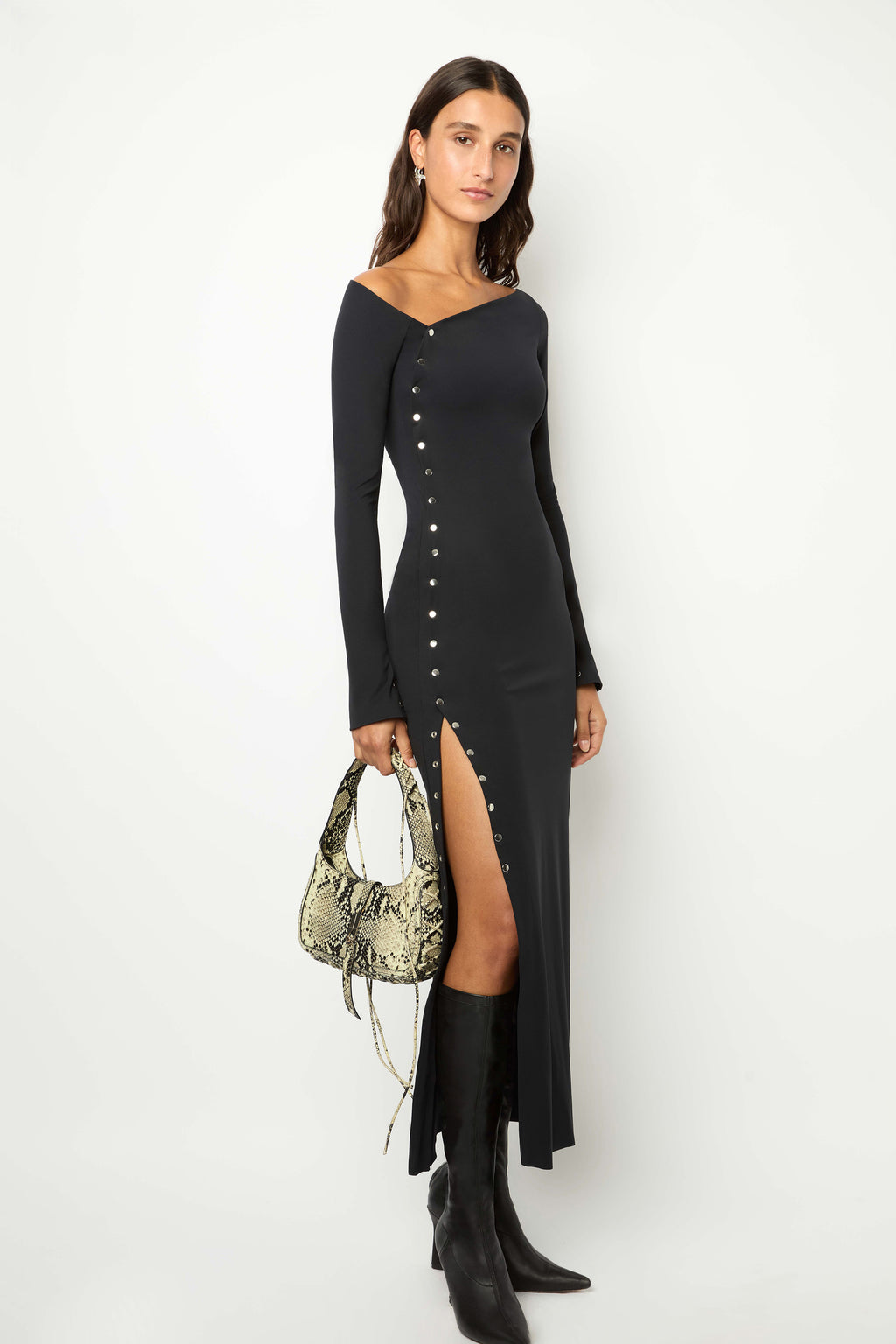 ASYMMETRICAL WRAP LONG DRESS in black – Marcia Wear